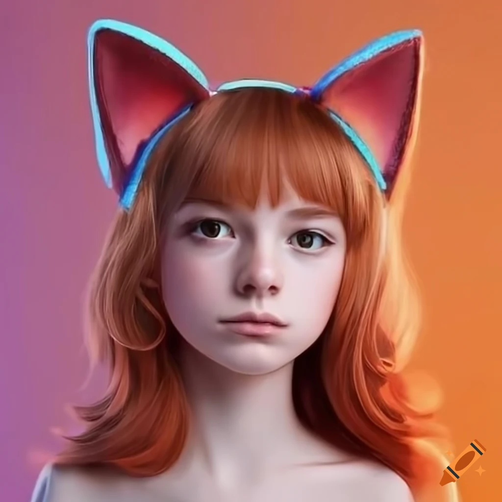 Realistic illustration of a teenage gamer with orange hair and cat ears ...