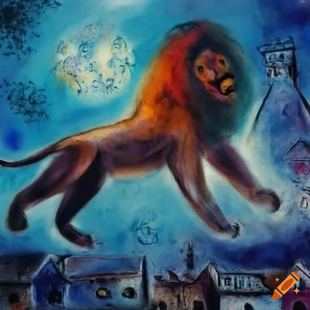 Lion jumping through the sky in chagall style on Craiyon