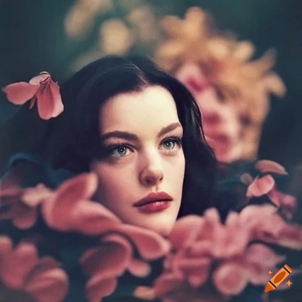 Vintage photo of liv tyler surrounded by flowers
