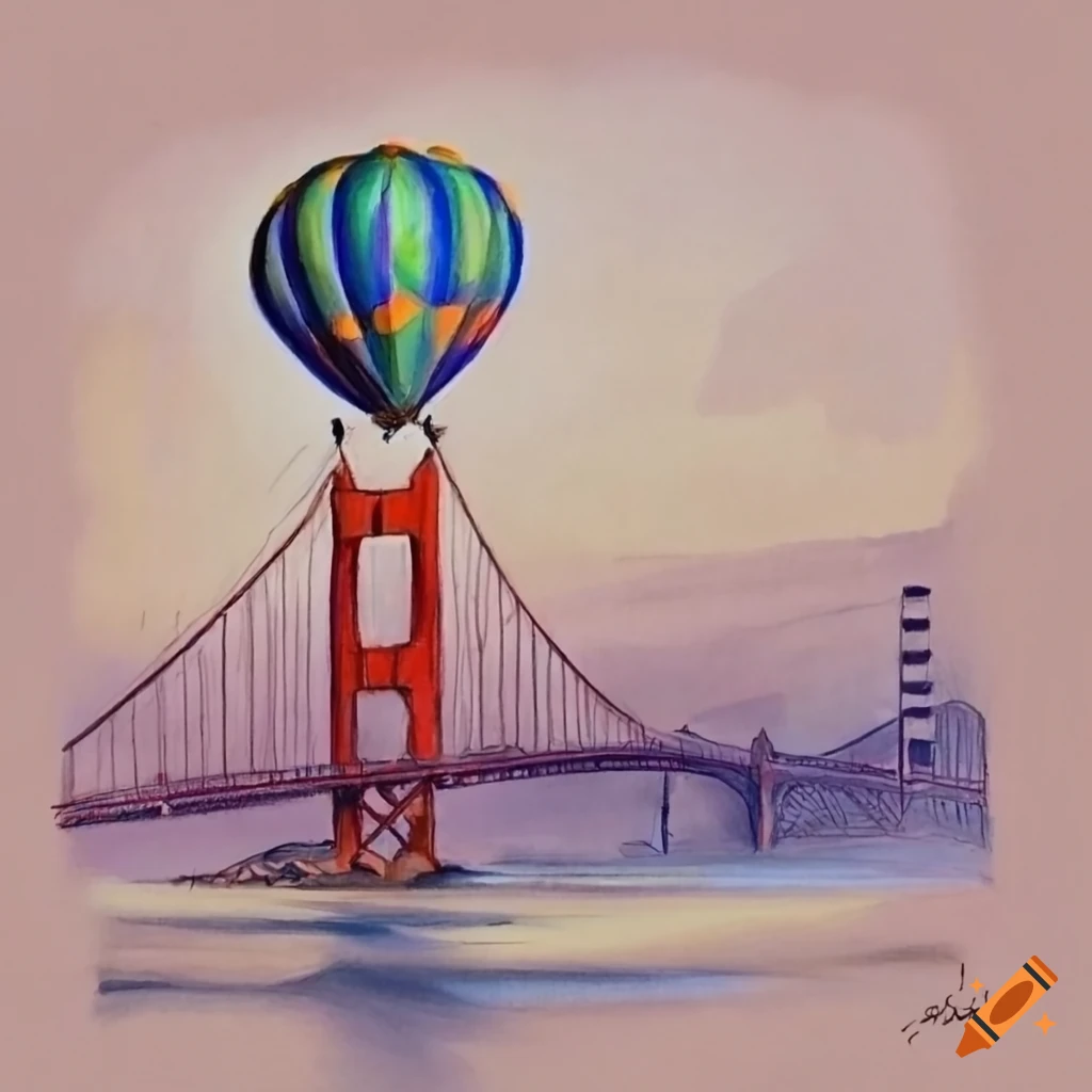 Pencil drawing of golden gate bridge with hot air balloon on Craiyon
