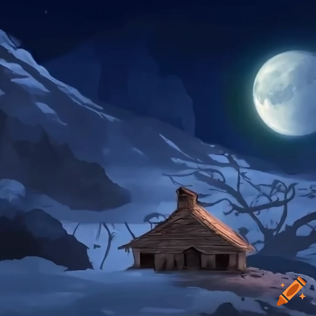 Red wolf cub howling at the moon near a mountain hut