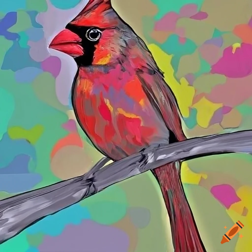 Colorful abstract knife painting of a northern cardinal on a branch on ...