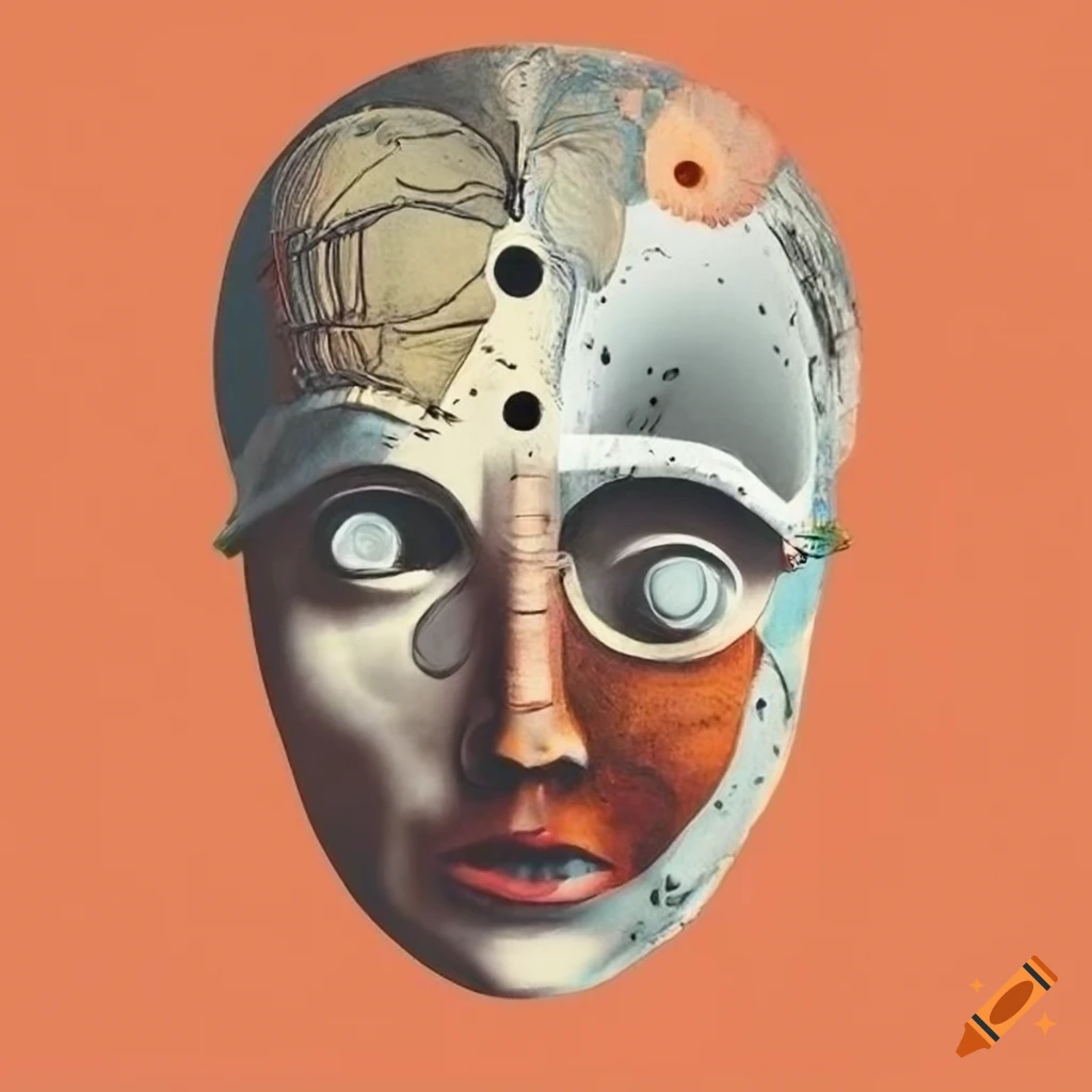 Collage artwork of a complex machine mask on Craiyon