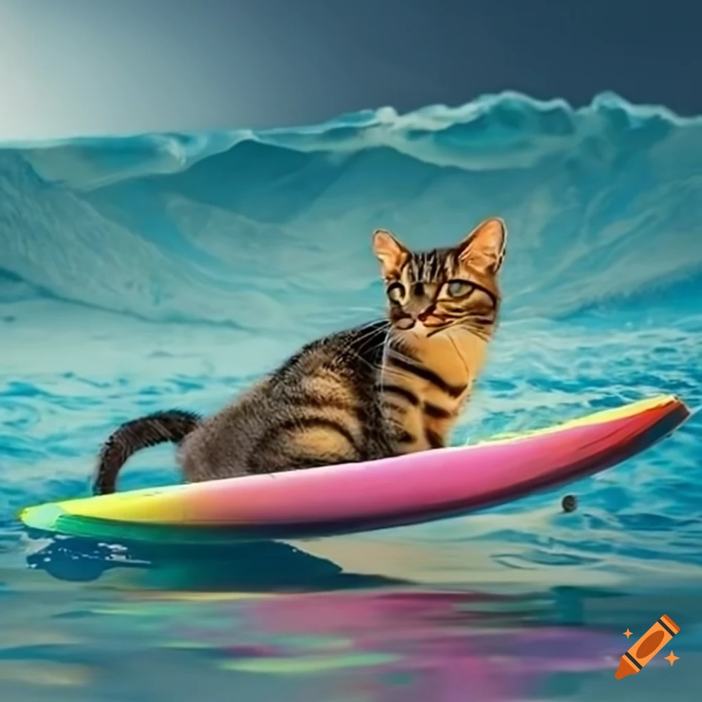 White cat in sunglasses surfing with a cocktail on Craiyon