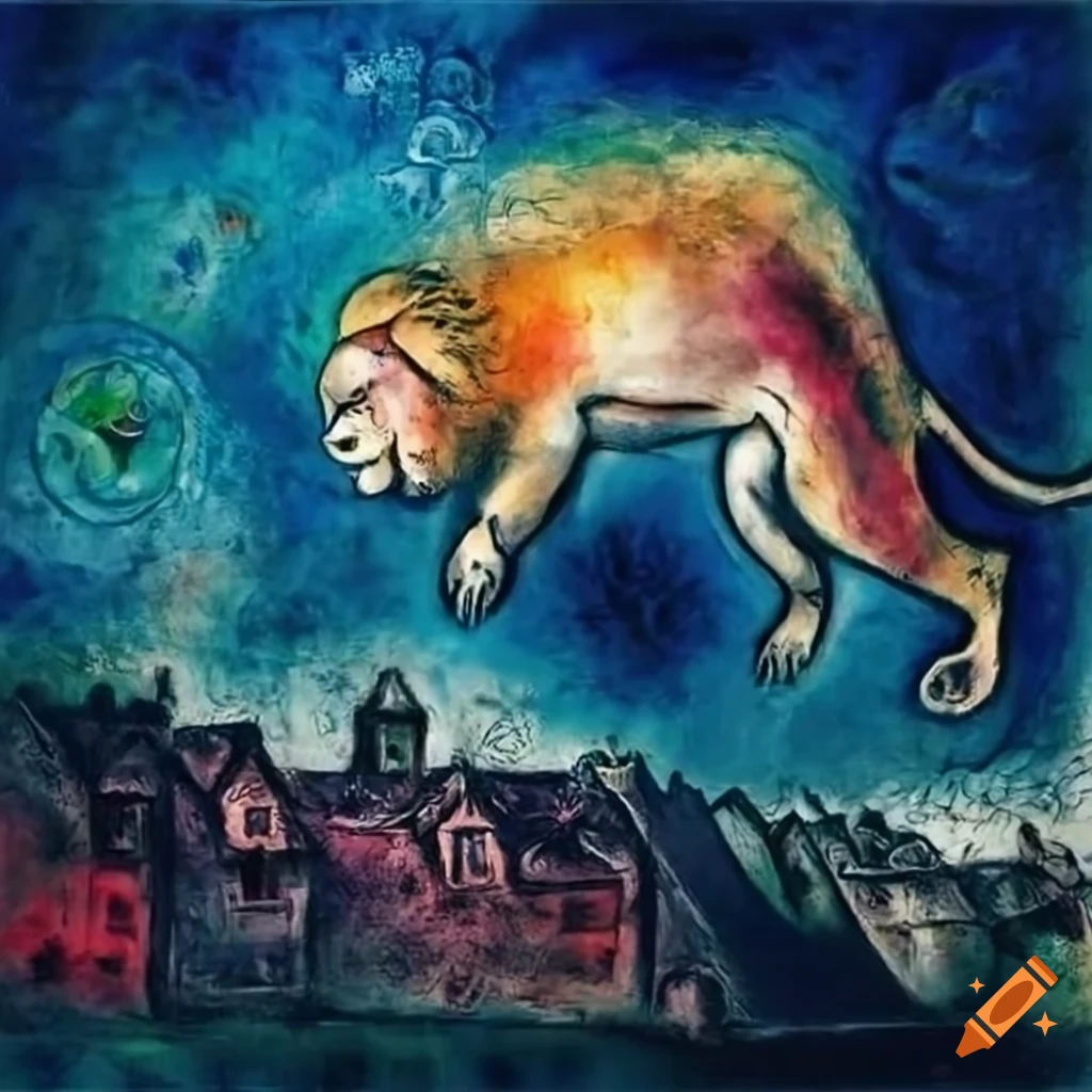 Lion jumping through the sky in chagall style on Craiyon