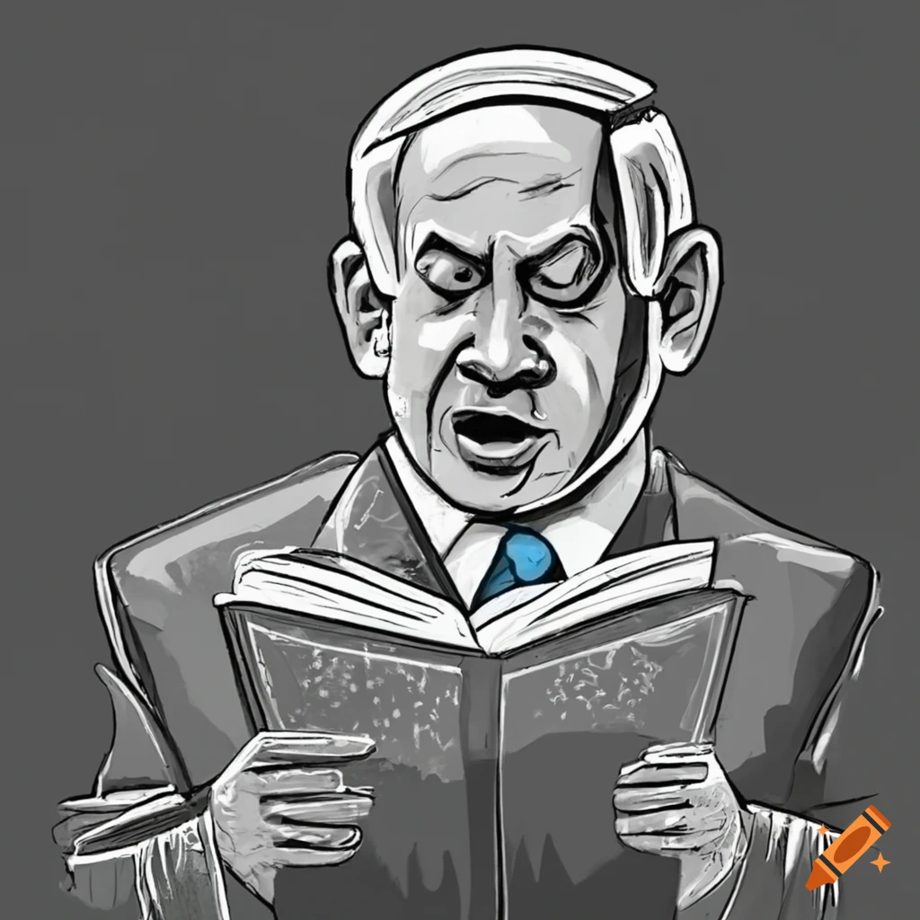 Cartoon depiction of benjamin netanyahu reading torah style on Craiyon