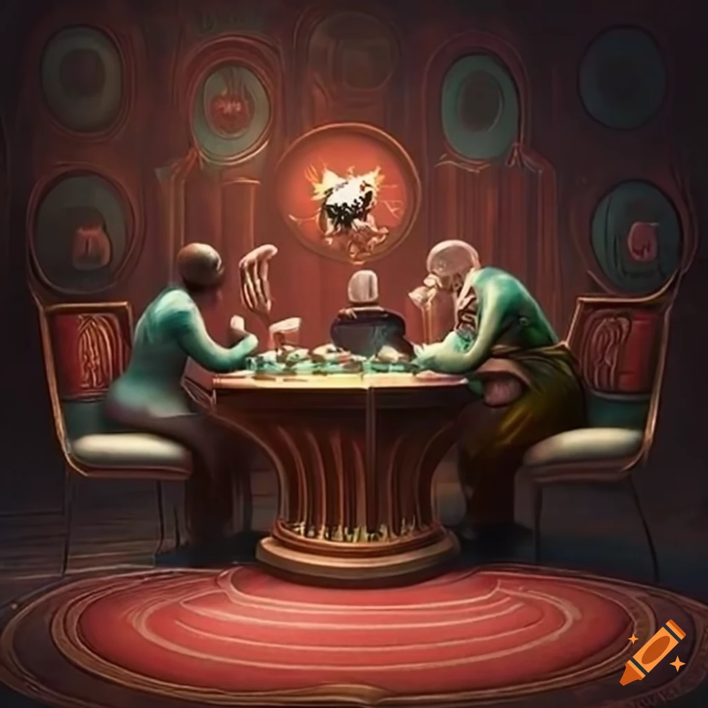 Surrealist casino with bizarre card tables and players