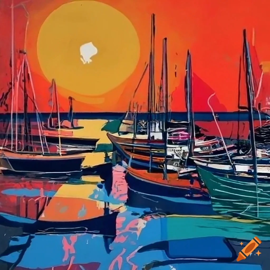 Lino print of boats in a marina on Craiyon