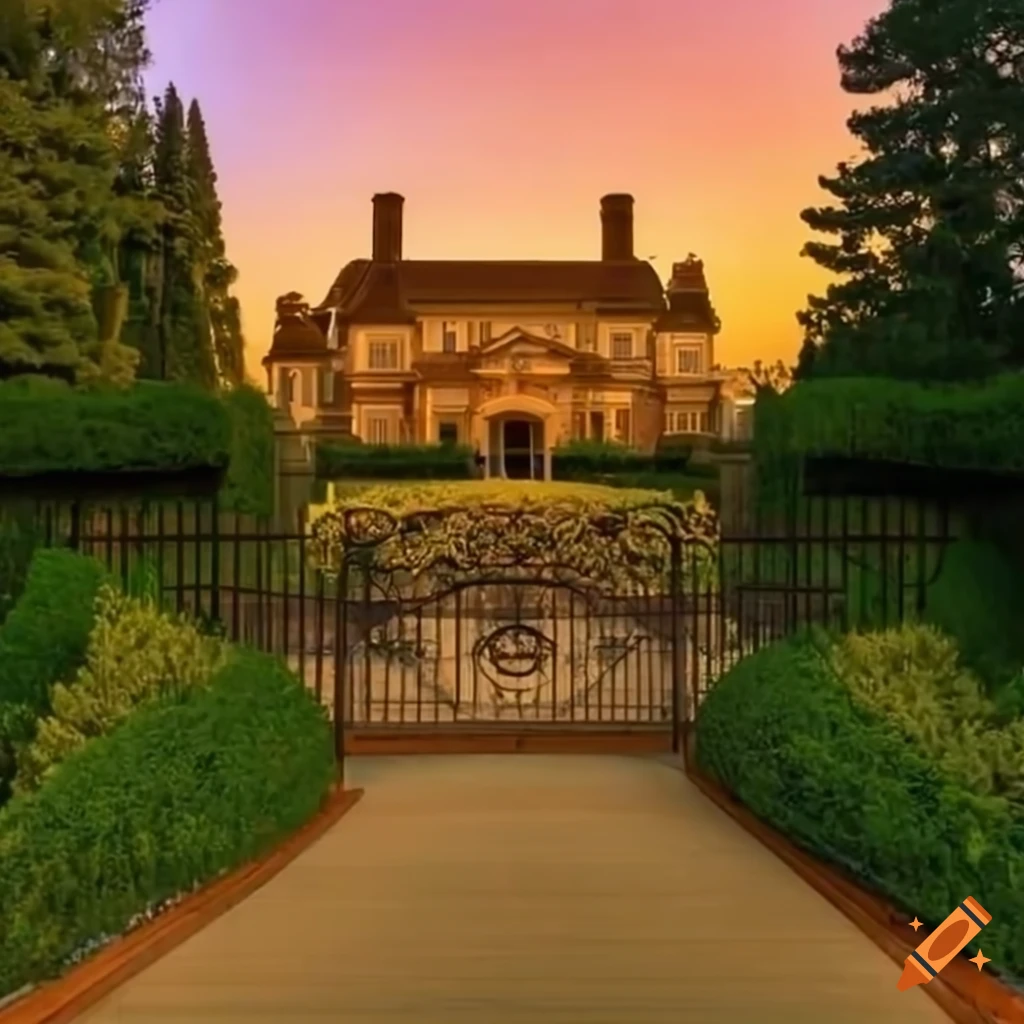 Sunset view of a magnificent mansion surrounded by giant trees on Craiyon