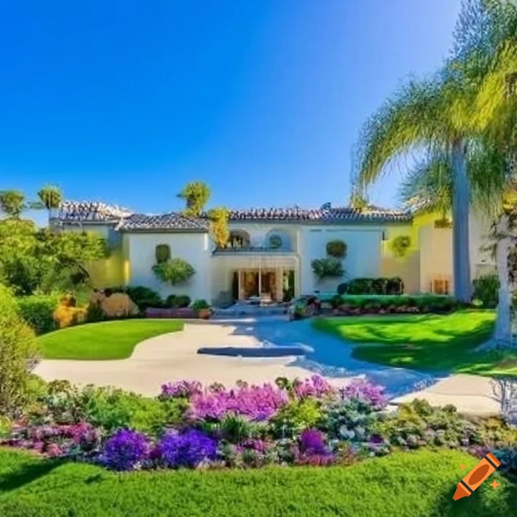 Gorgeous california mega-mansion with green yard and flowers on Craiyon