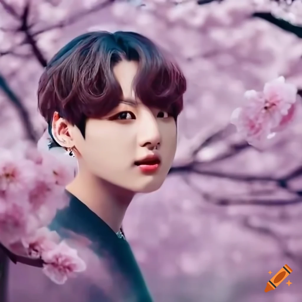 Jungkook of BTS walking in a cherry blossom landscape on Craiyon