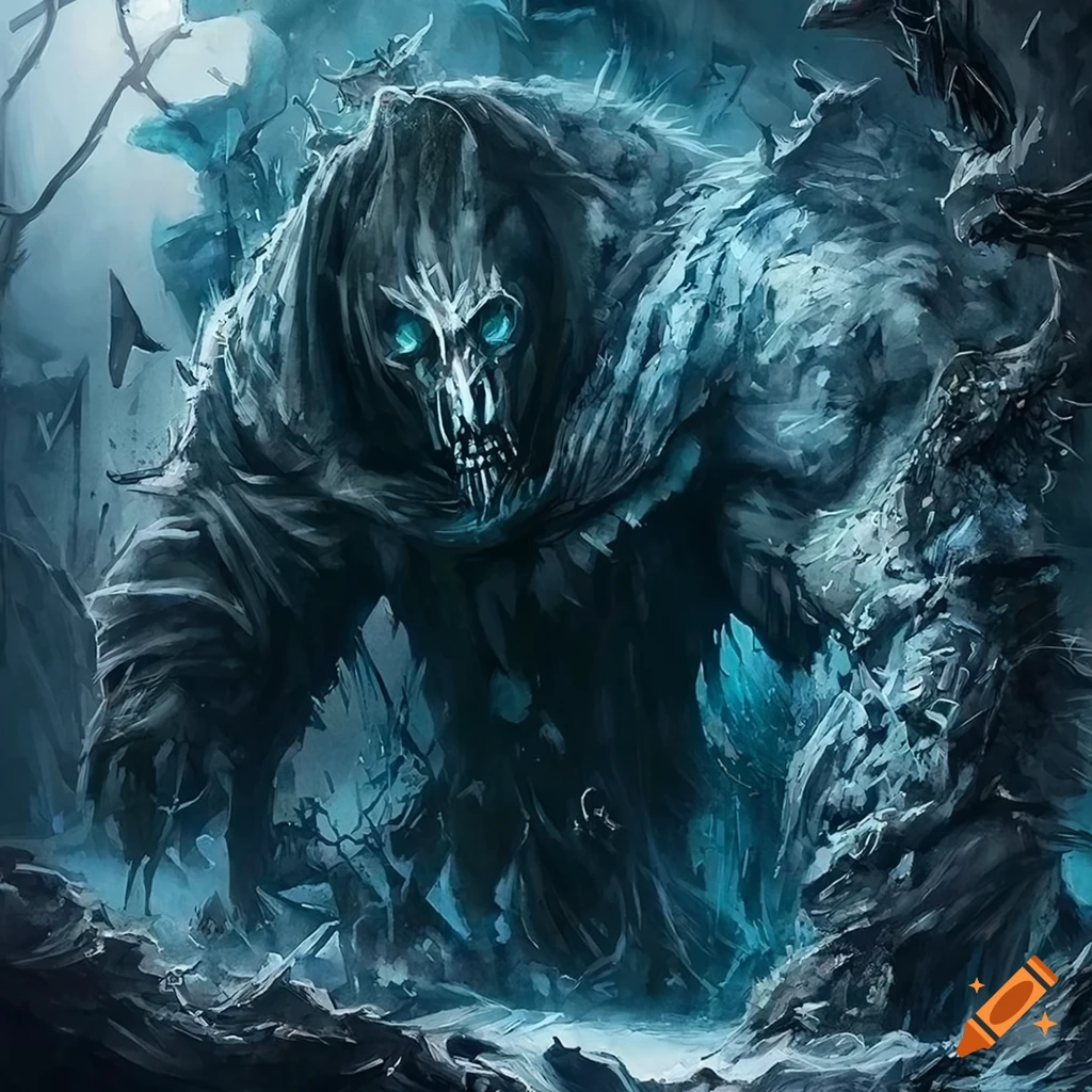 Sinister ice golem in dark fantasy art