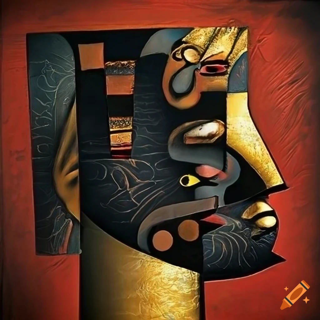 Abstract art of a black persian king in gold, black, red, and copper on ...
