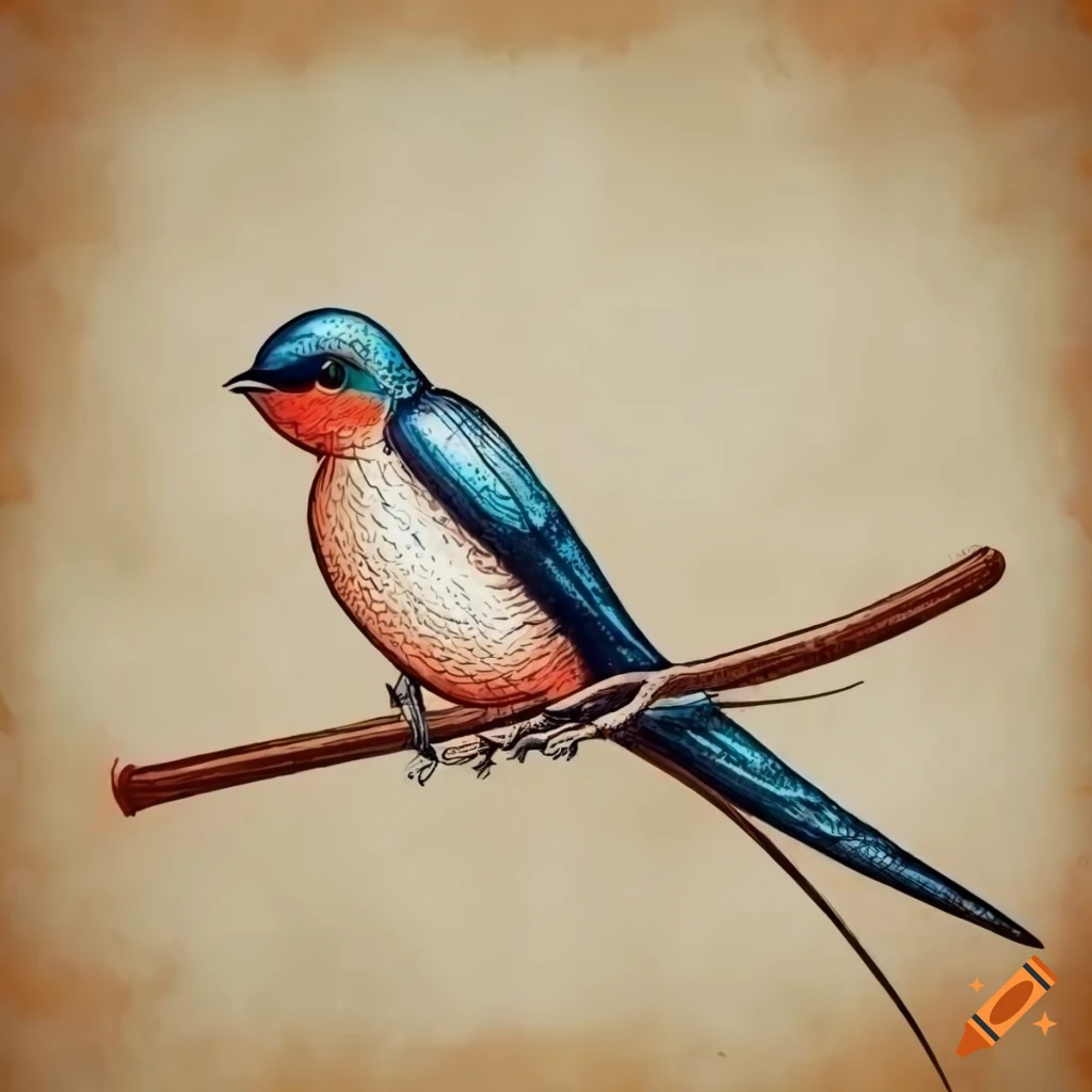 Cartoon illustration of a swallow on a branch