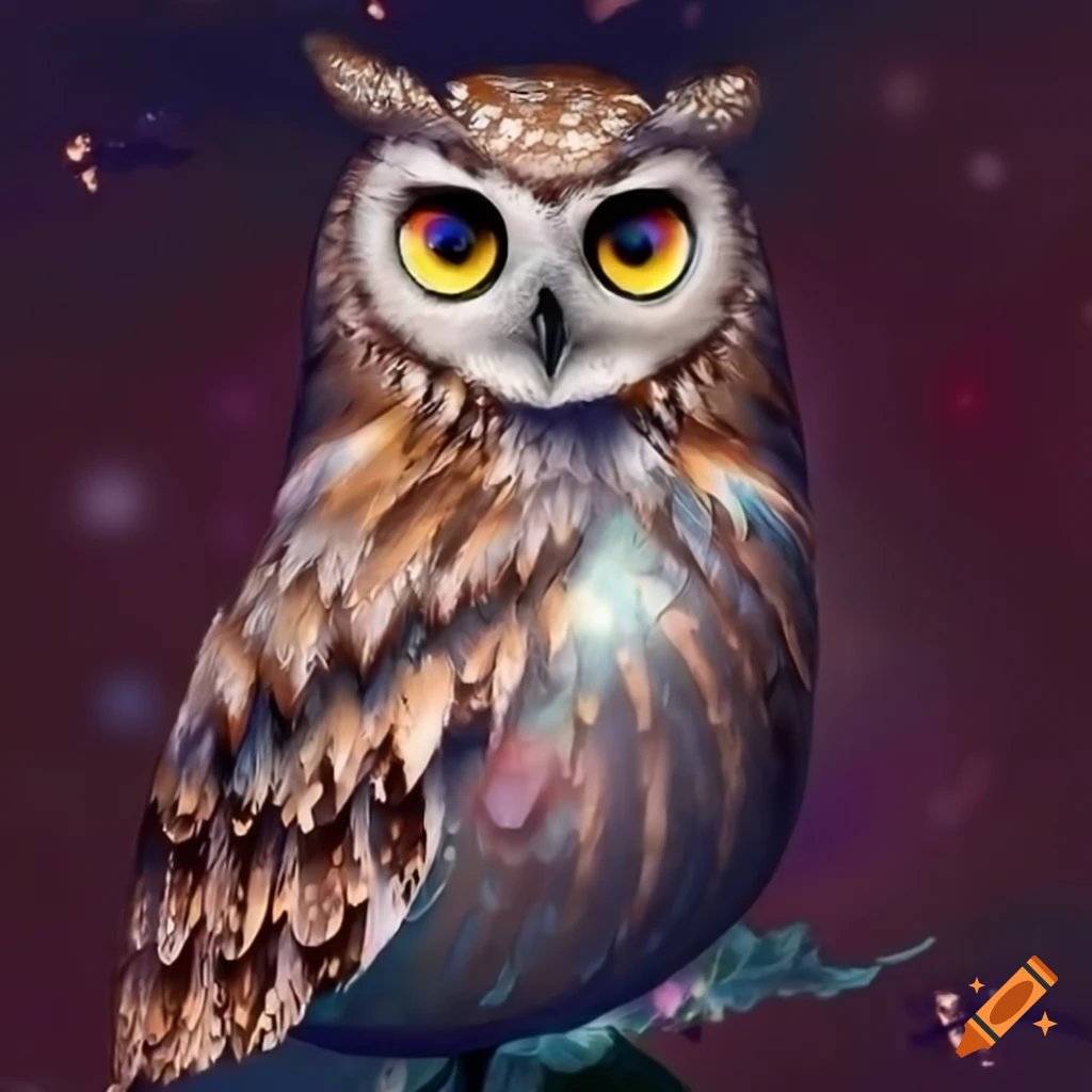 Moon rising as a horned owl takes flight in dark aquamarine and indigo ...