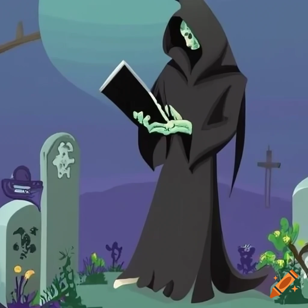 Art of Grim reaper reading a book in a graveyard on Craiyon