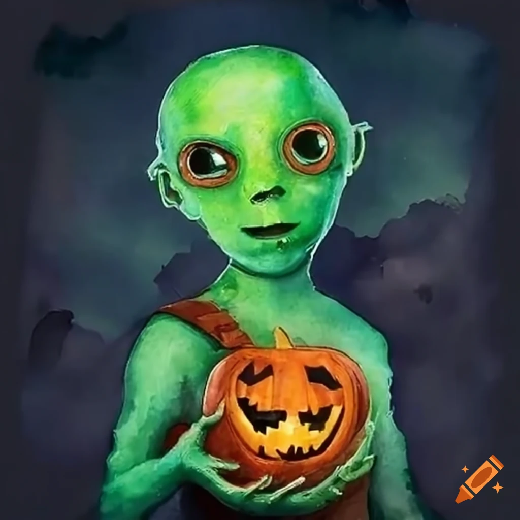 Halloween decorations with green aliens trick or treating on Craiyon