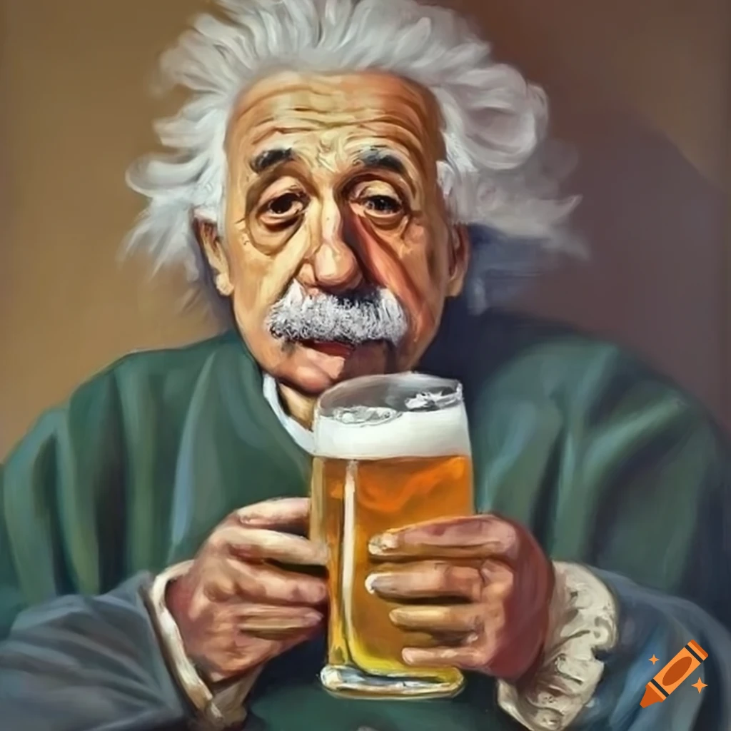 Painting of albert einstein enjoying a beer