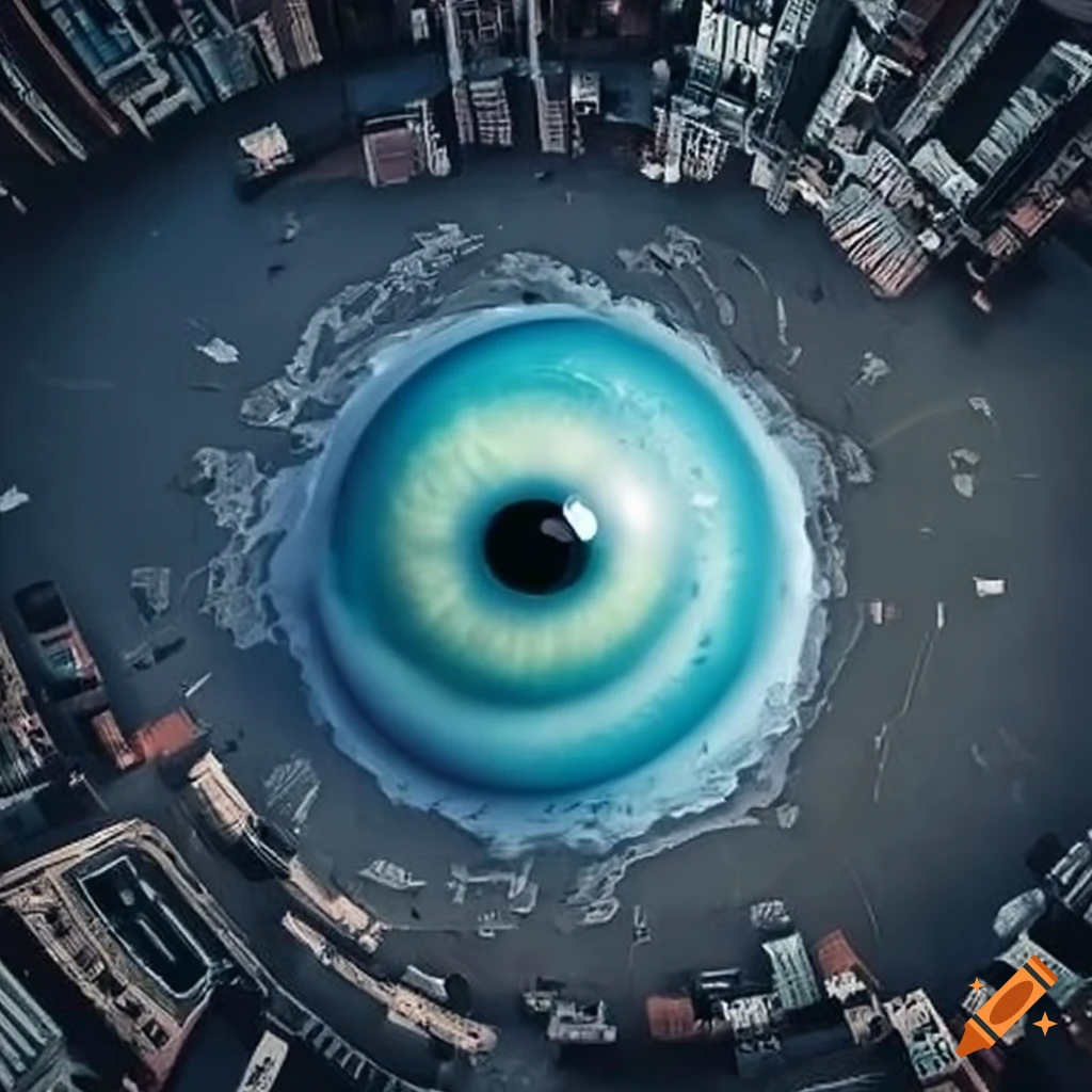 Surreal image of a giant eyeball overlooking a city