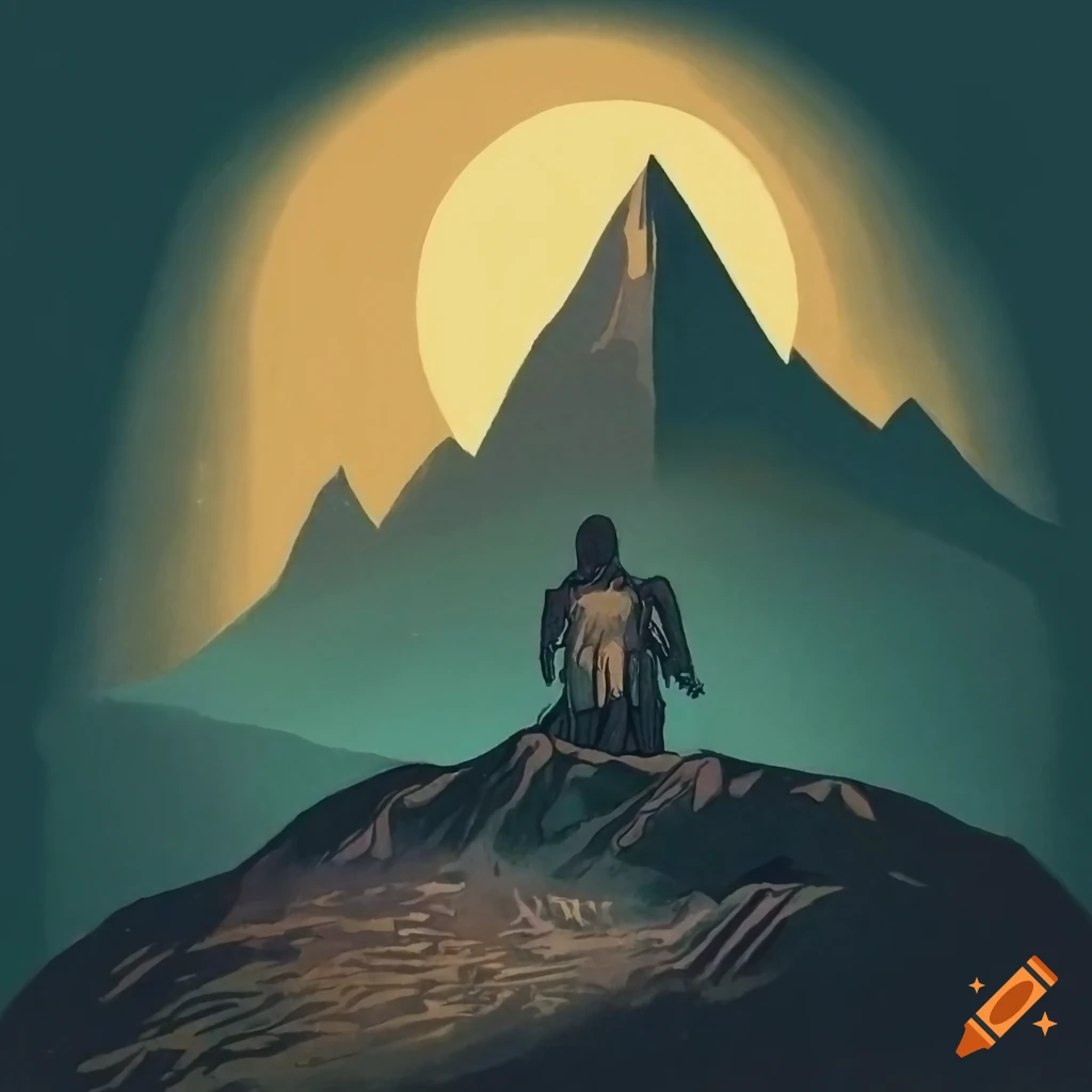 Dark fantasy book cover with a knight in front of a mountain on Craiyon