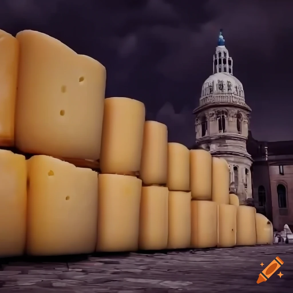 Artistic representation of a giant cheese invading a city on Craiyon