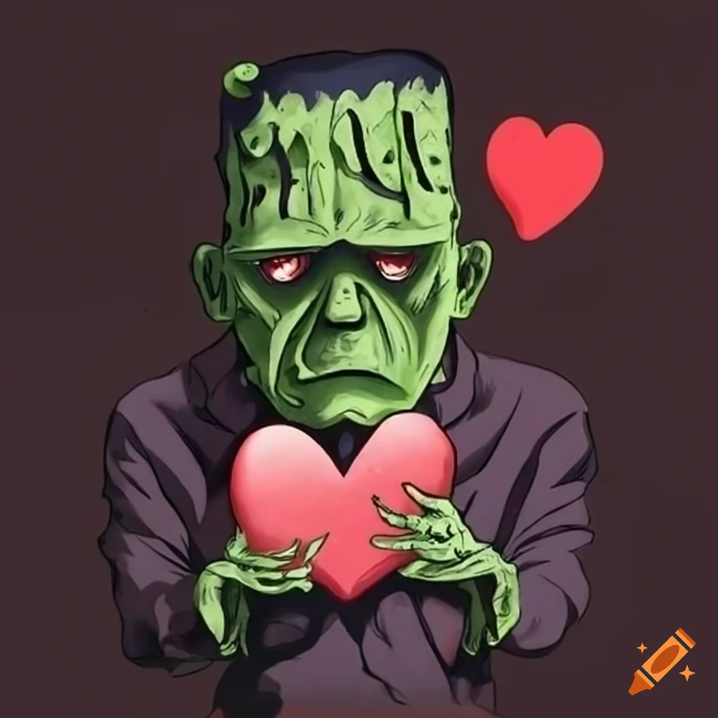 Artistic depiction of a sad frankenstein with a heart on Craiyon