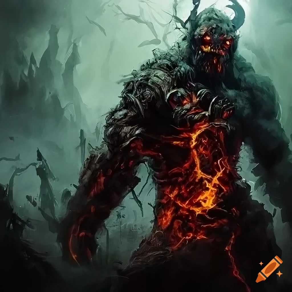 Dark fantasy illustration of a creepy fire and lava golem on Craiyon