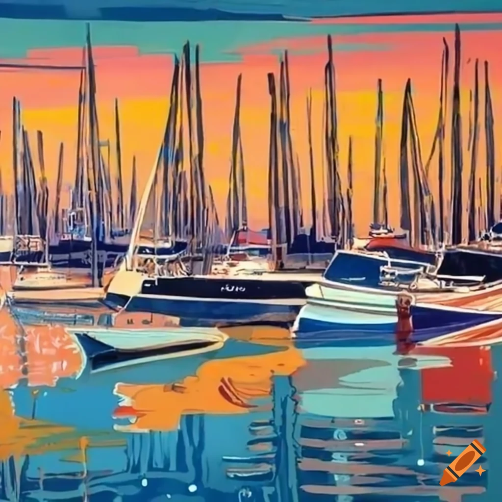 Colorful lino cut print of a marina with boats on Craiyon
