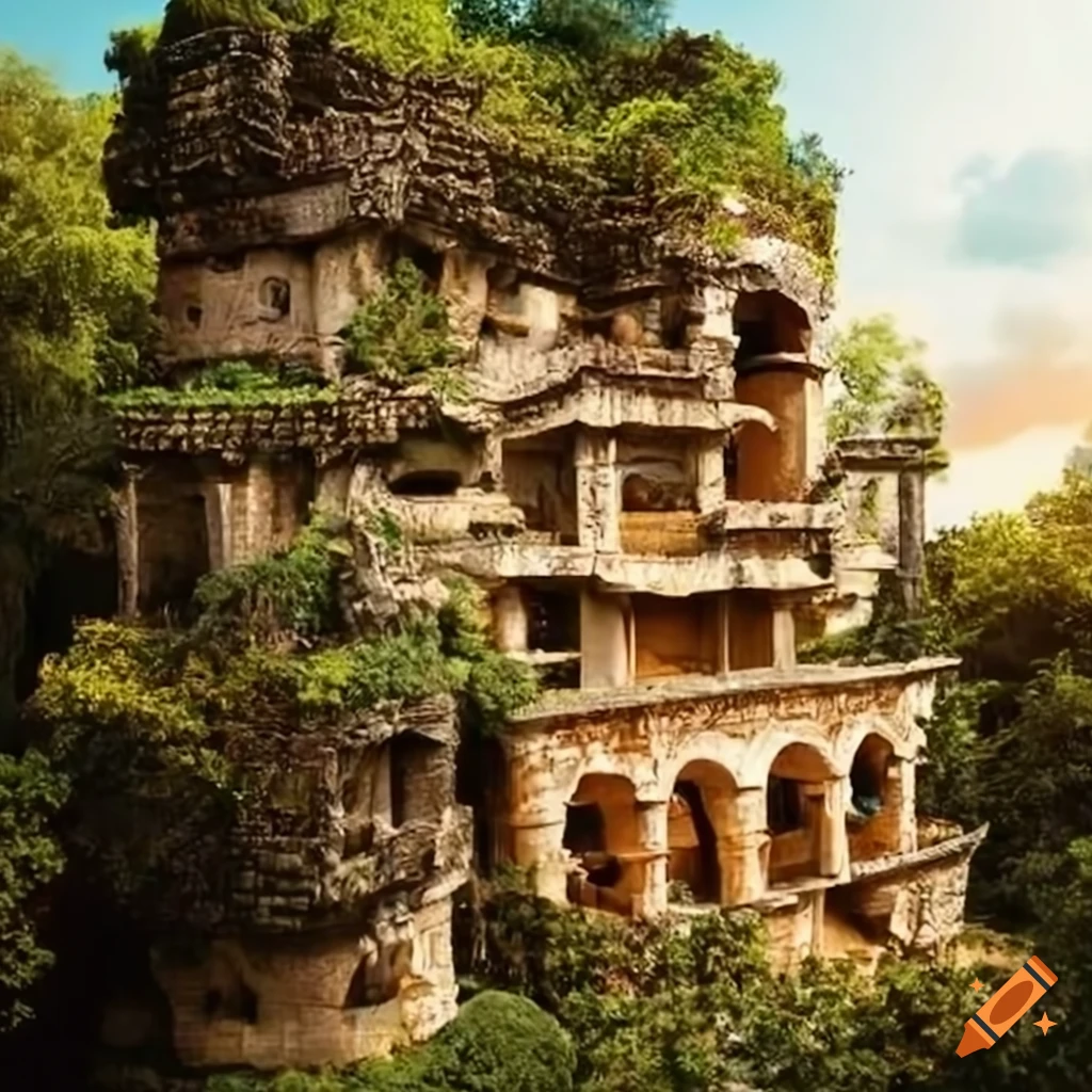 Stunning mayan-style garden built into a cliff on Craiyon