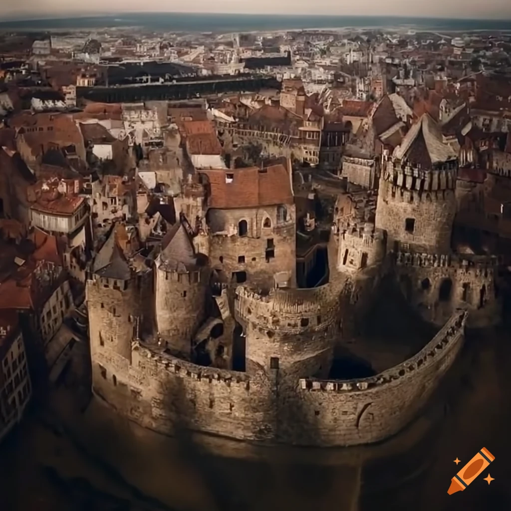 Medieval city with a towering castle on Craiyon