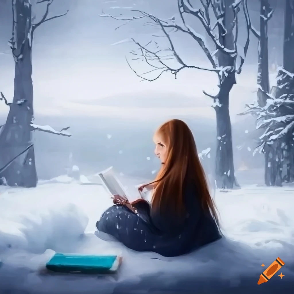 Girl studying in a winter landscape