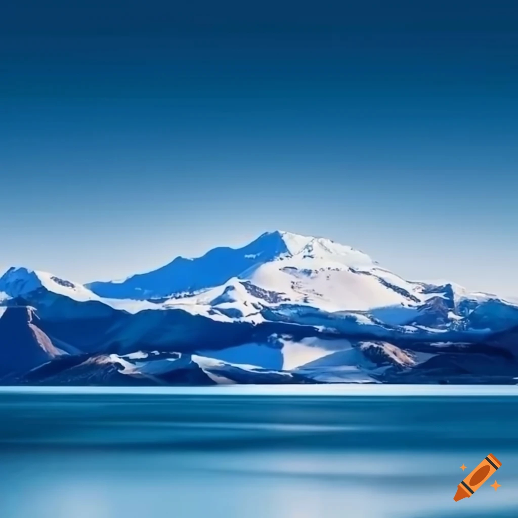 Snow-covered mountains overlooking a serene sea on Craiyon