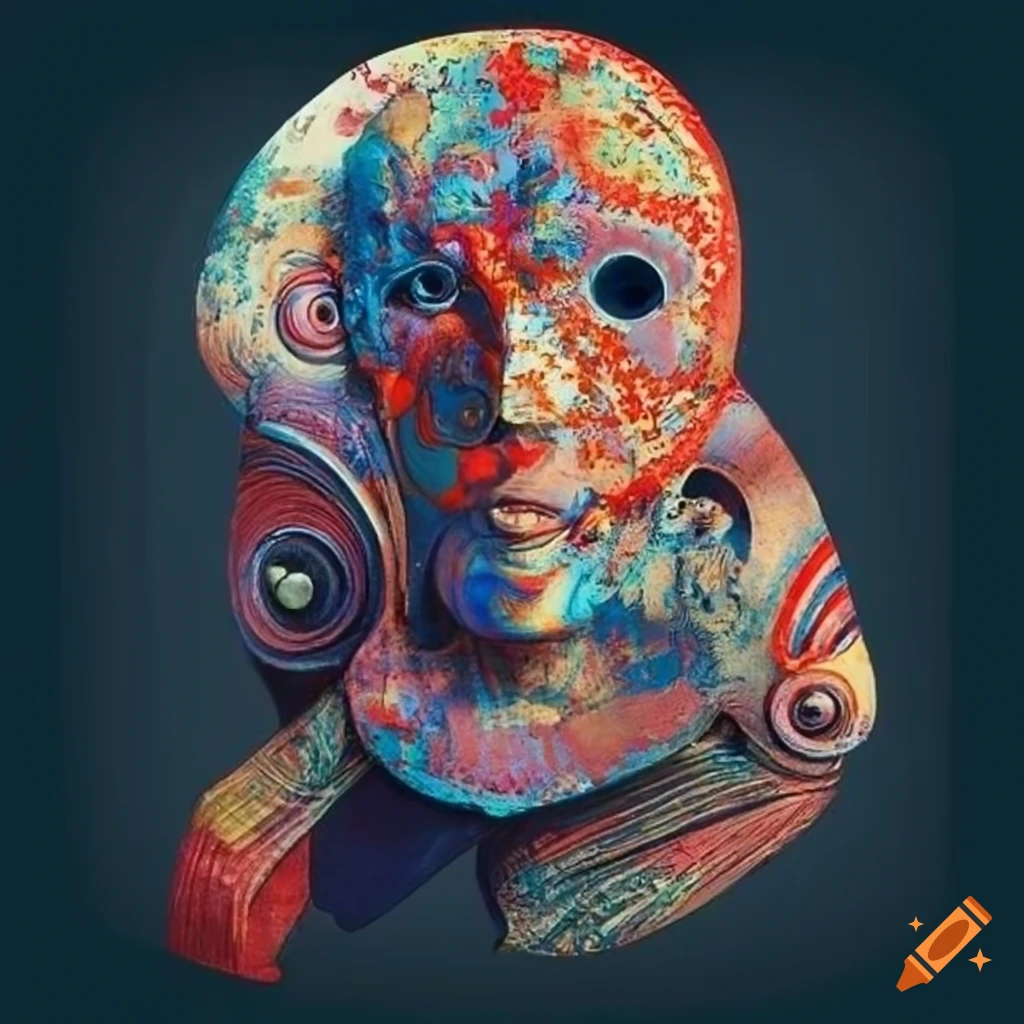 Max ernst-style collage of a complex machine mask on Craiyon