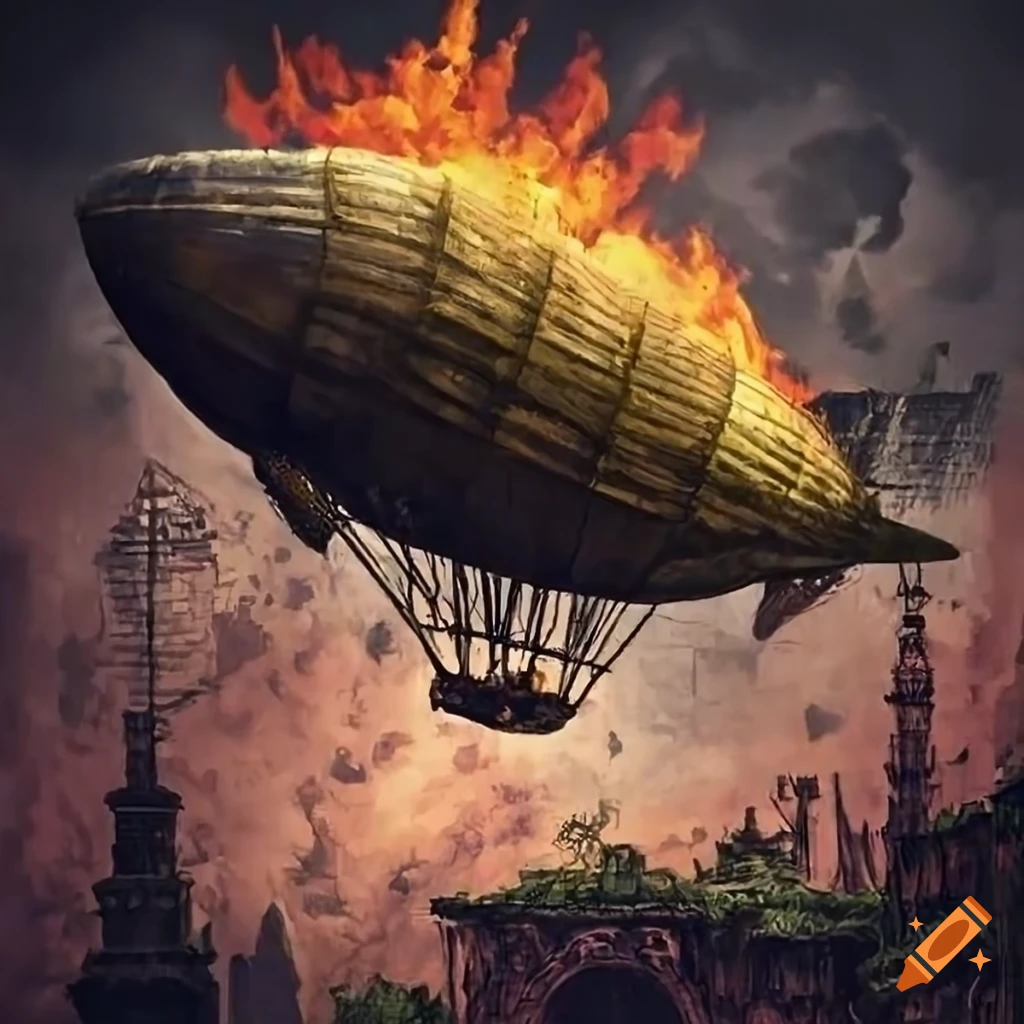 Airship on fire over a city consumed by nature on Craiyon