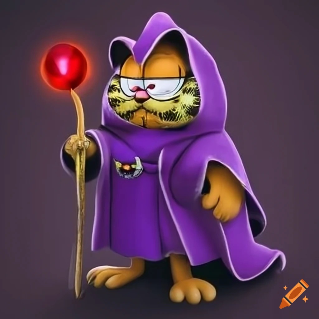 Garfield as an evil wizard with a dark purple cloak on Craiyon