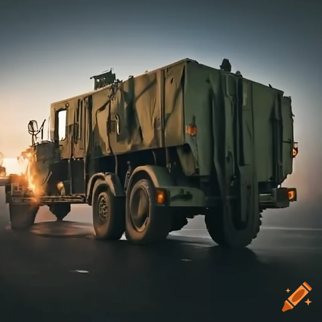 Military convoy with trucks and tank on winter road on Craiyon
