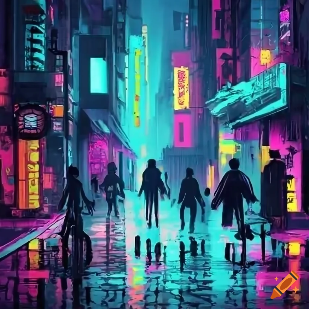 Cyberpunk street with holographic banners