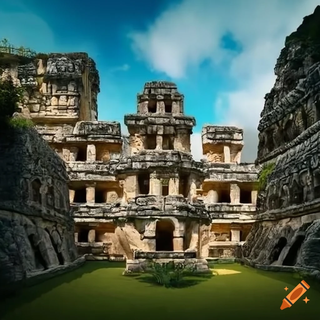 Mayan-style garden built into a cliff on Craiyon