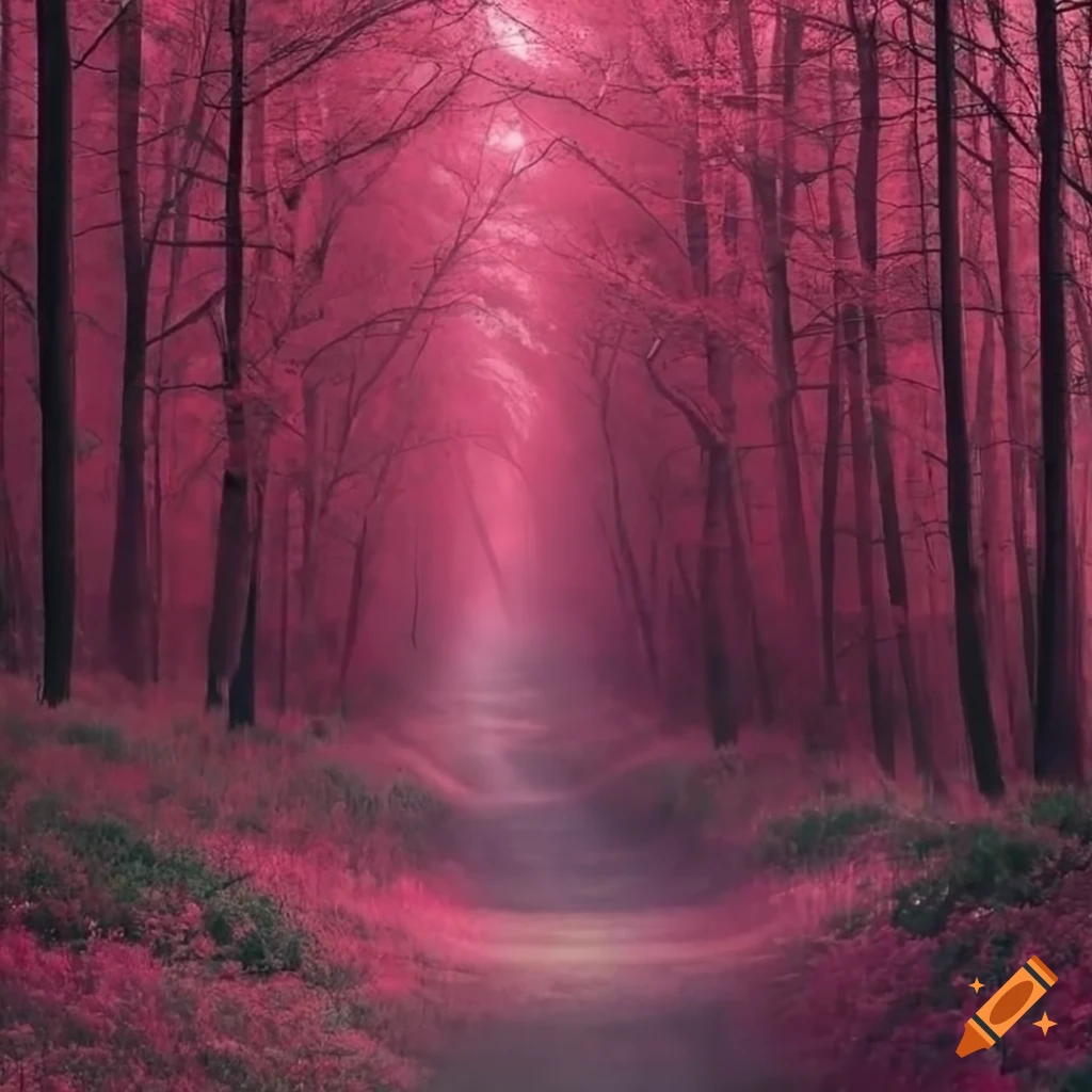 Dreamy forest path with shades of pink and crimson on Craiyon