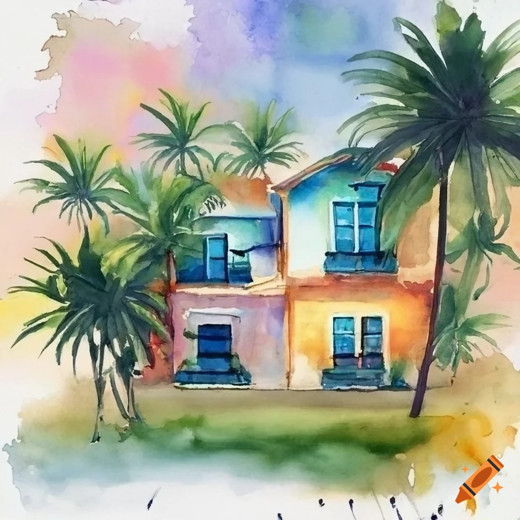 Aquarel painting of an elegant house with palms