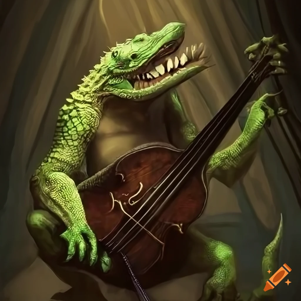 Artwork of a lizardfolk bard playing the double bass on Craiyon
