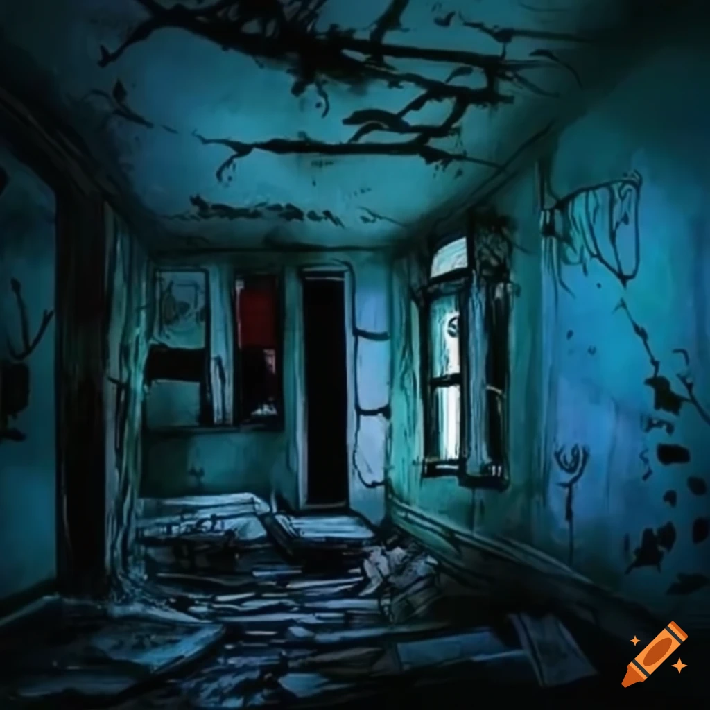 Abandoned hospital corridor with vines and blue light on Craiyon