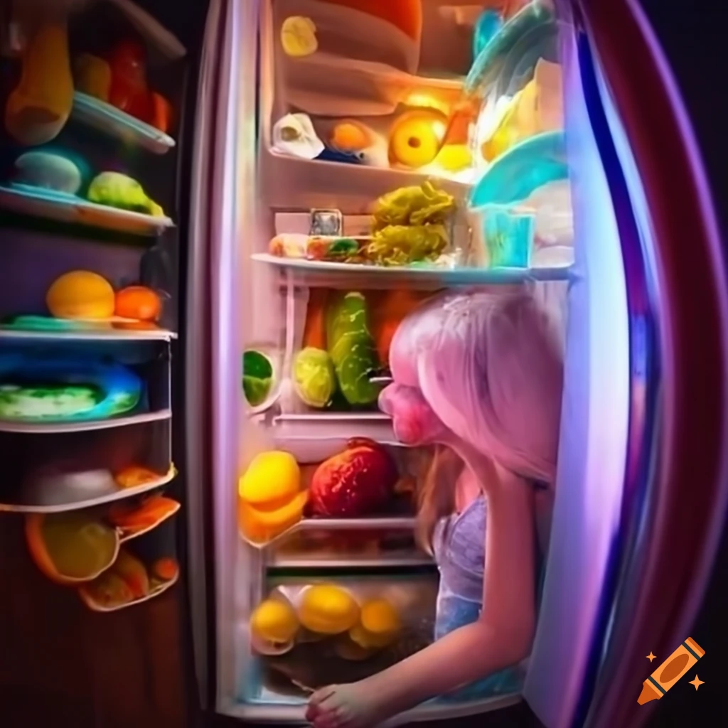 Artistic depiction of a sad girl opening a fridge on Craiyon