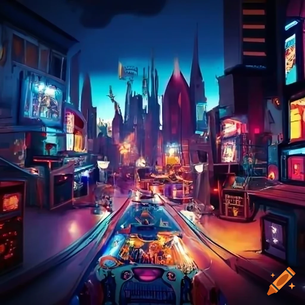 Artistic depiction of a pinball-themed city on Craiyon