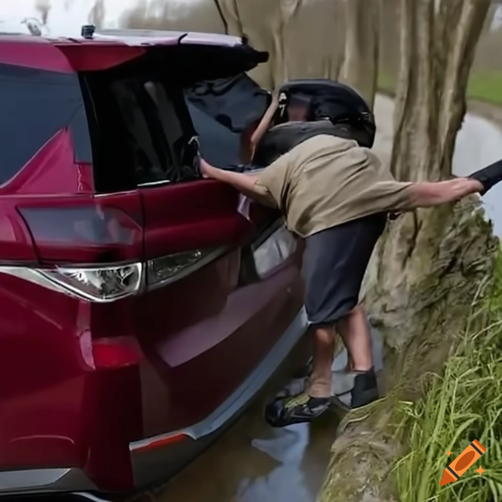 Humorous image of a man running away from a maroon lexus suv on Craiyon