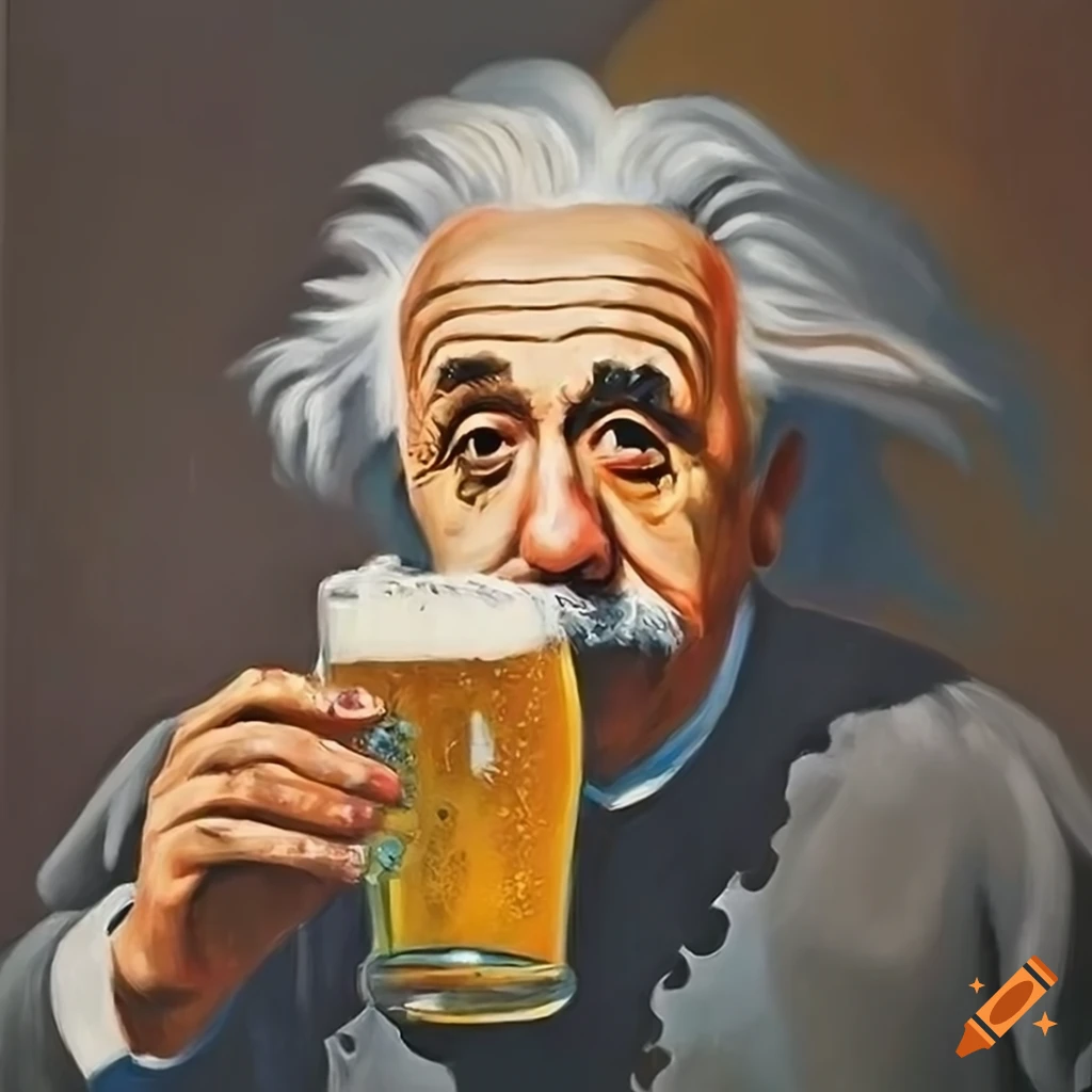 Painting of albert einstein enjoying a beer