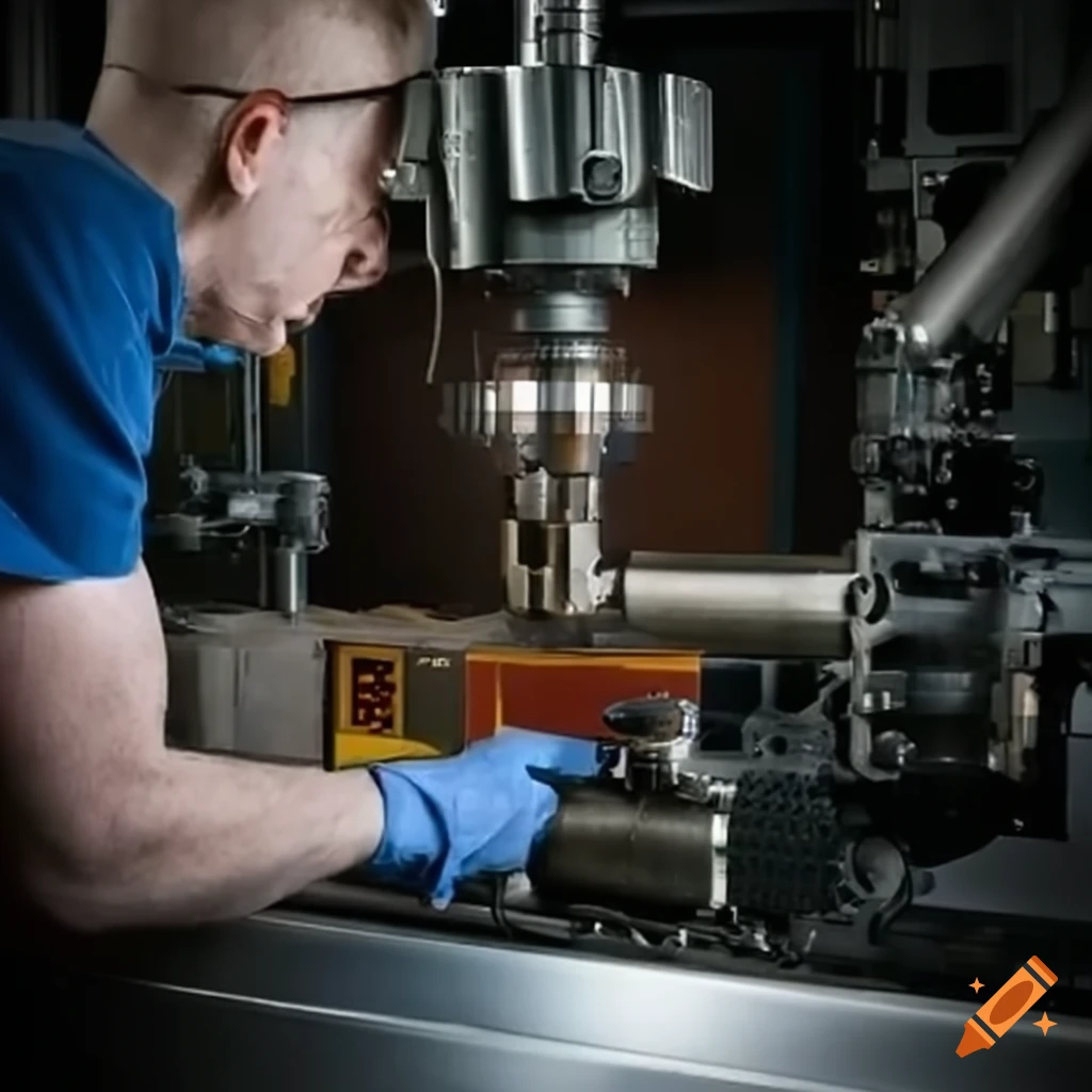 Engineer maintaining a part in an extruder on Craiyon