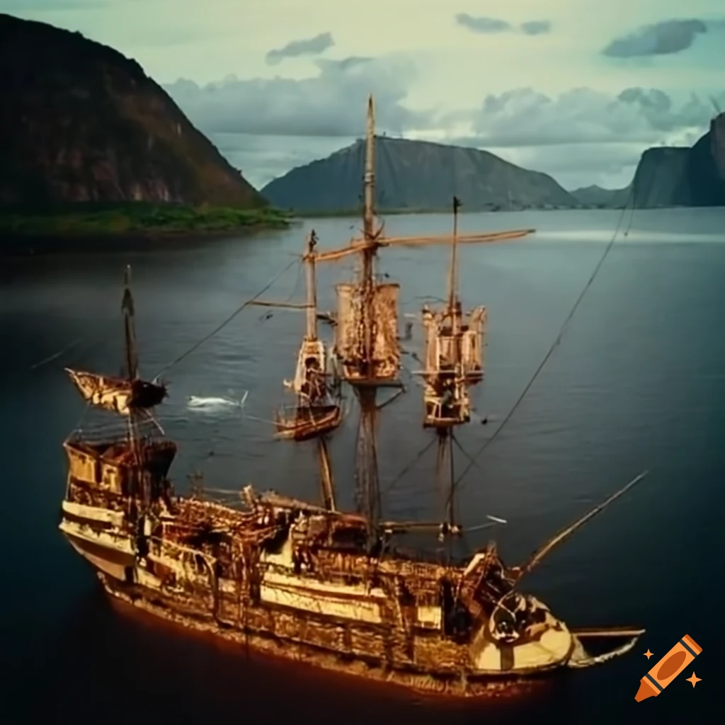 Steampunk ship sailing in the flooded Cuban Valle de Vinales on Craiyon