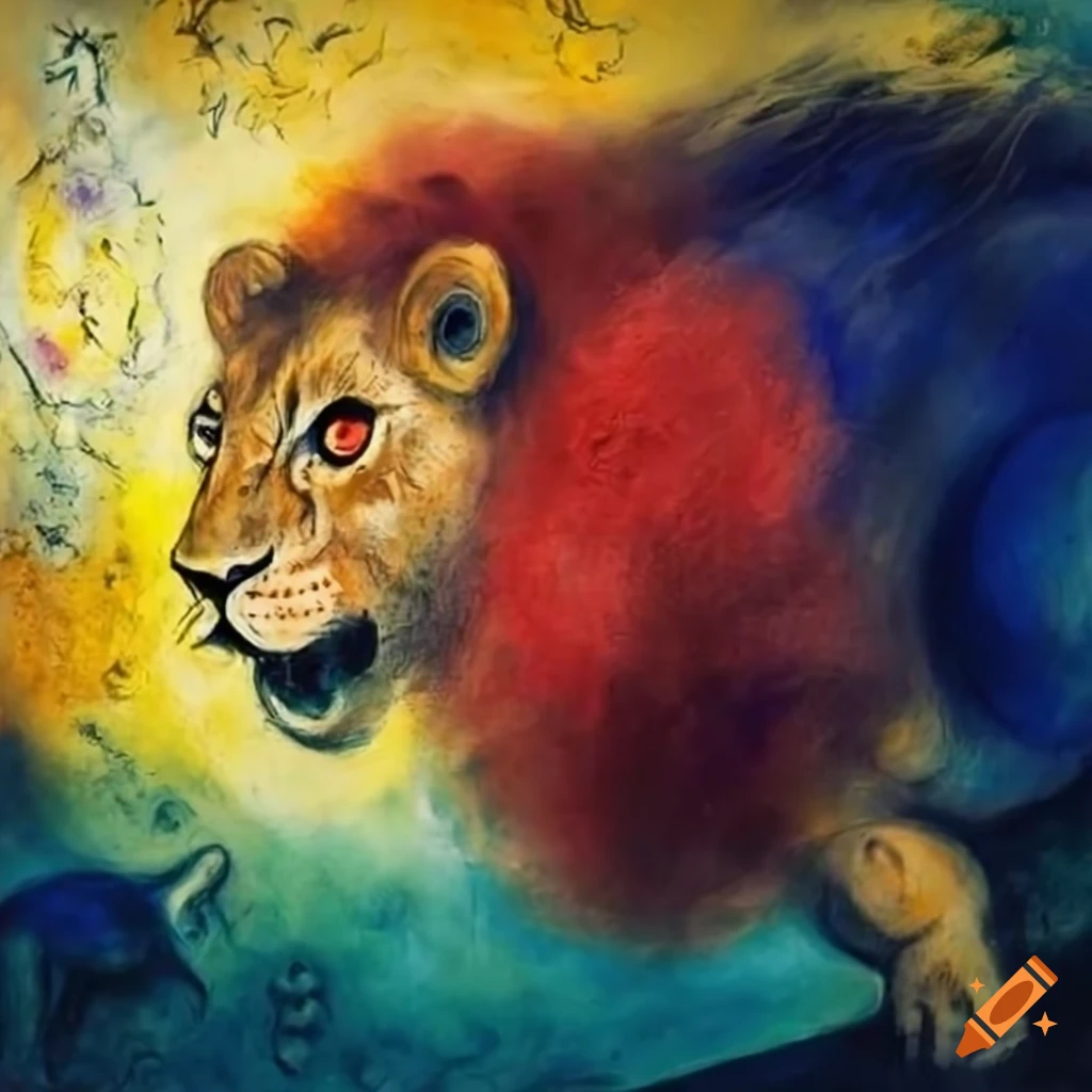 Lion jumping through the sky in chagall style on Craiyon