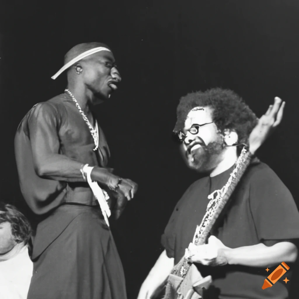 Tupac and Jerry Garcia performing on stage on Craiyon